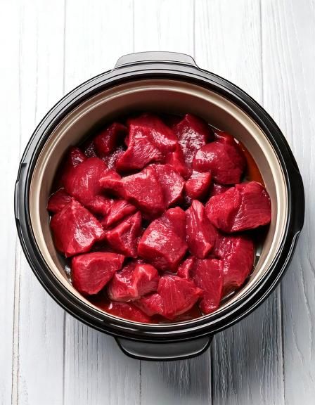 Put raw beef stew meat in a slow cooker with these 4 ingredients. The ...